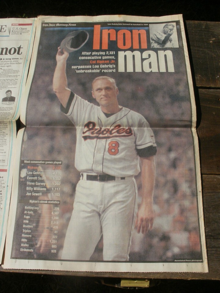 1995 Cal Ripken Jr. Baltimore Orioles 2131 Newspaper 9/6/95 San Jose ...