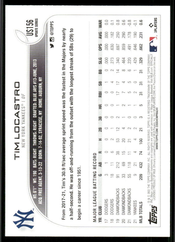 2022 Topps Update #US156 Tim Locastro | eBay