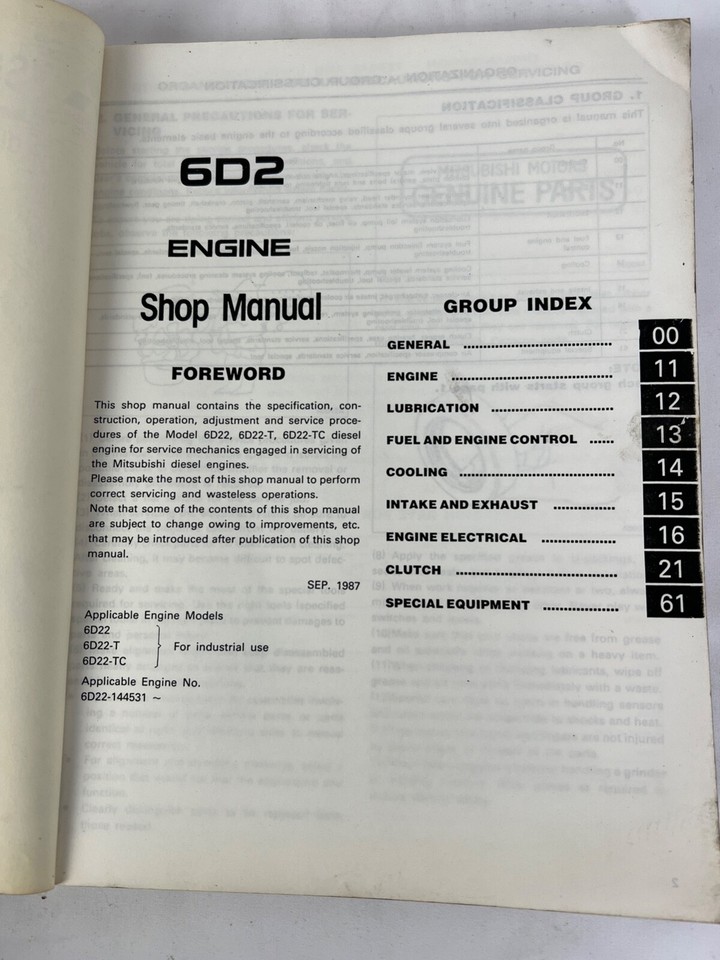 Mitsubishi 6D2 Shop Manual for Engine #144531- 6D22, 6D22, 6D22-T, 6D22 ...
