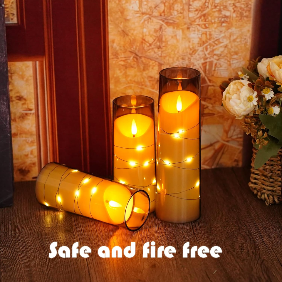 Flameless LED Candles with Embedded String Lights, Flickering Pillar ...