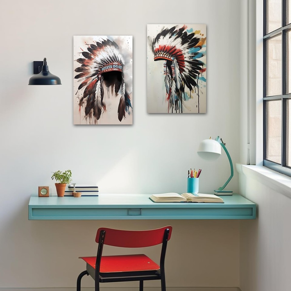 Native American Wall Art 2 Pieces Indian Chief Feather Headdress Canvas ...