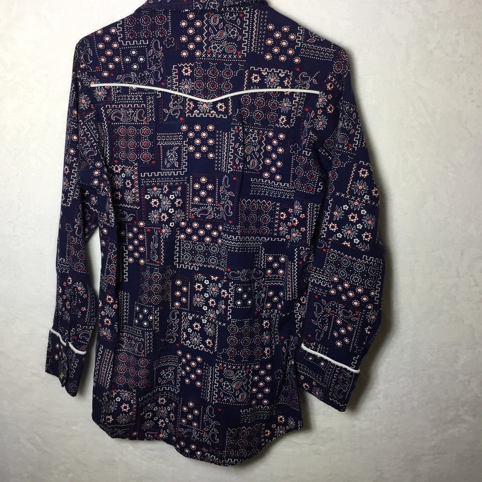 Lee VTG Western Shirt Navy Bandana Print Long Sleeve Pearl Snap Front ...