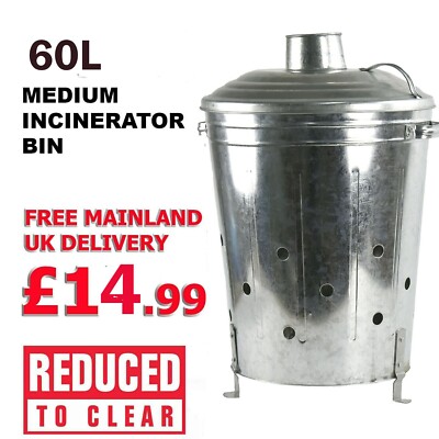Galvanised Incinerator Fire Bin Burner Heavy Duty 60L Bin Rubbish Wood ...