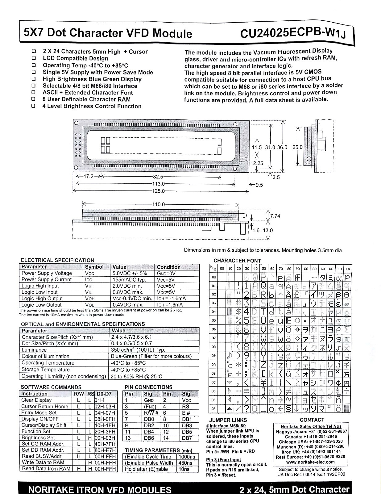 NORITAKE ITRON Model CU24025ECPB-W1J. 24 CHARACTERS x 2 LINES DISPLAY ...