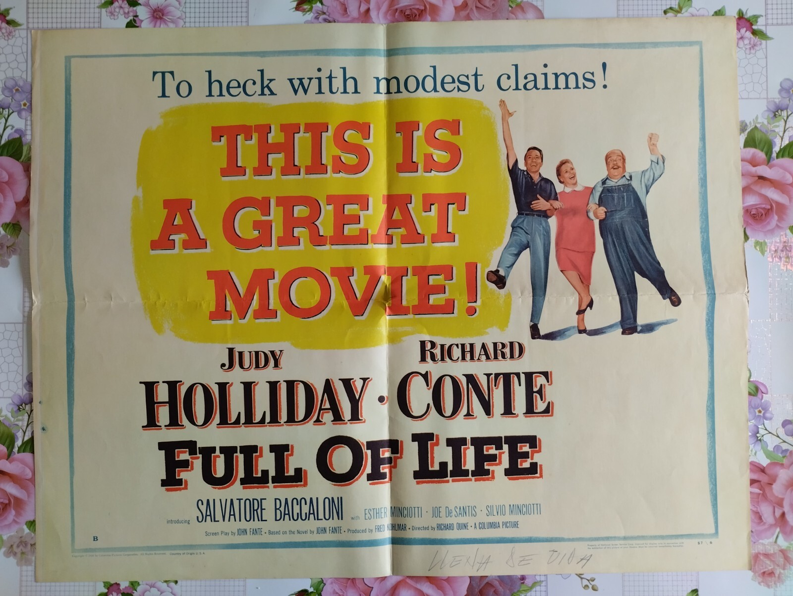 JUDY HOLLIDAY - RICHARD CONTE "Full Of Life" US HALF SHEET Movie Poster ...
