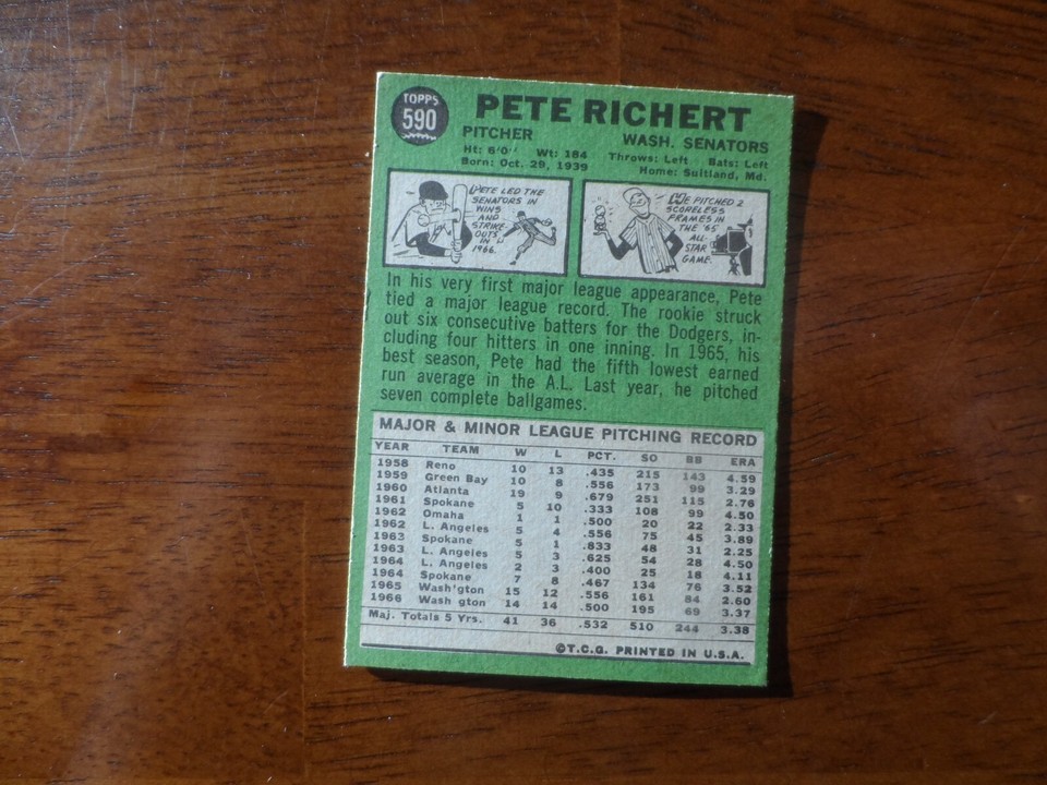 1967 TOPPS BASEBALL #590 PETE RICHERT WASHINGTON SENATORS EX+ J-730 | eBay