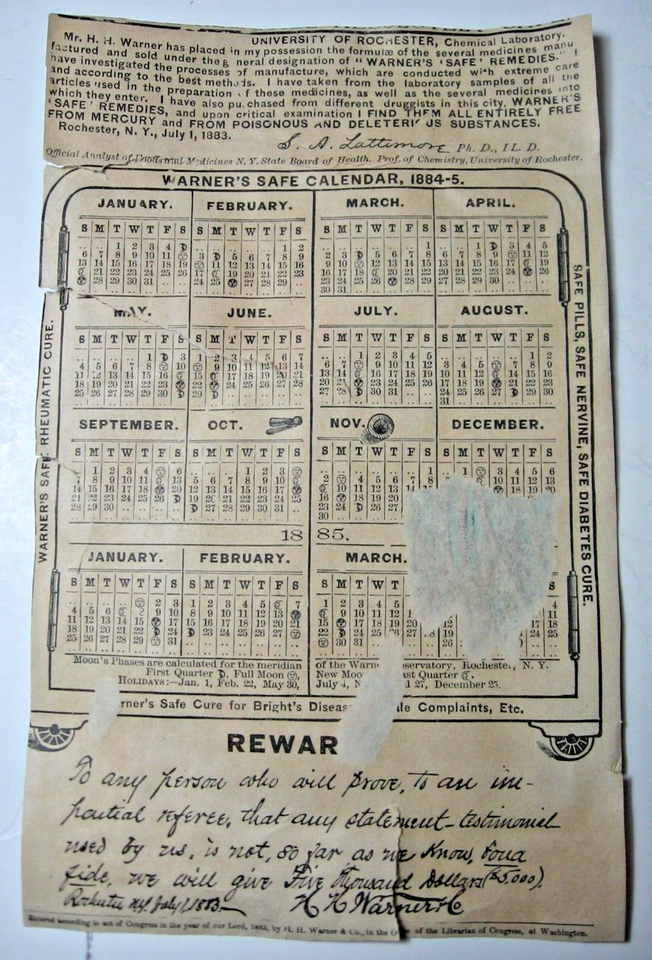 1880's era Large Warner's "Safe Remedies" Trade Card with Calendar | eBay