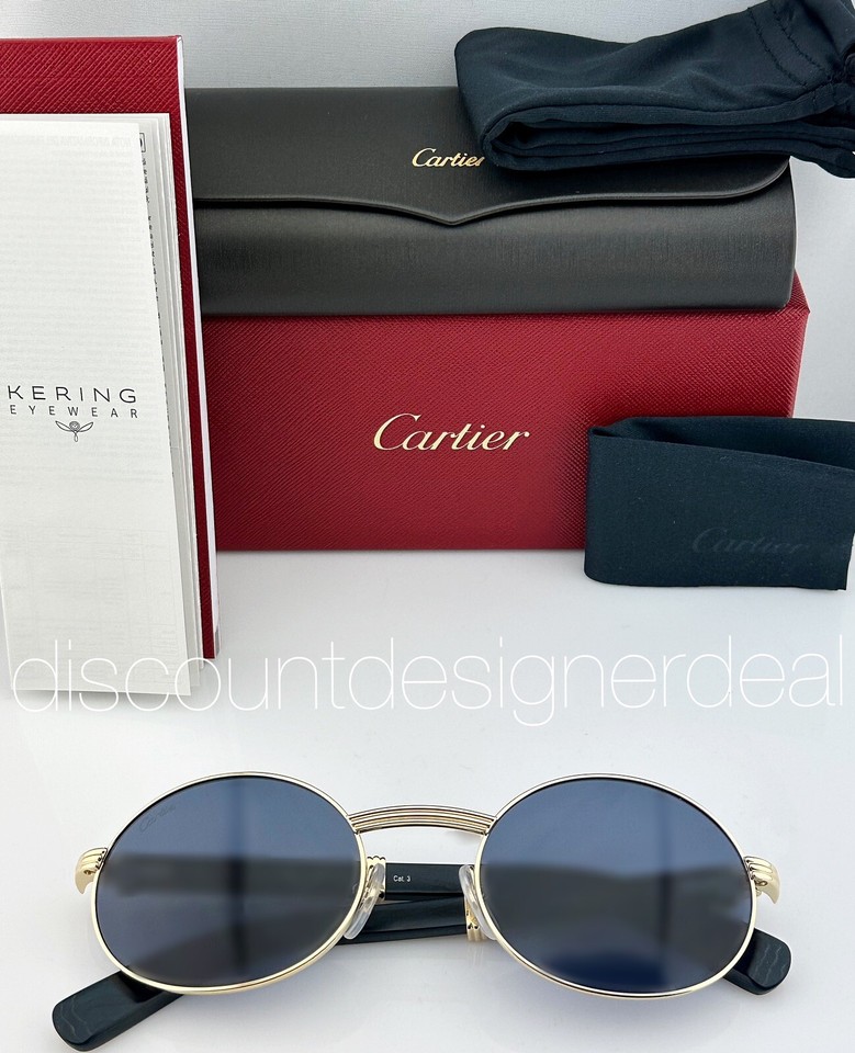 Cartier Oval Sunglasses Yellow Gold Frame Blue Wood Blue Lens CT0464S ...