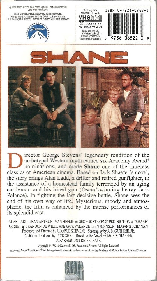 Shane VHS 1998 Alan Ladd Jean Arthur Van Heflin Western Action ...