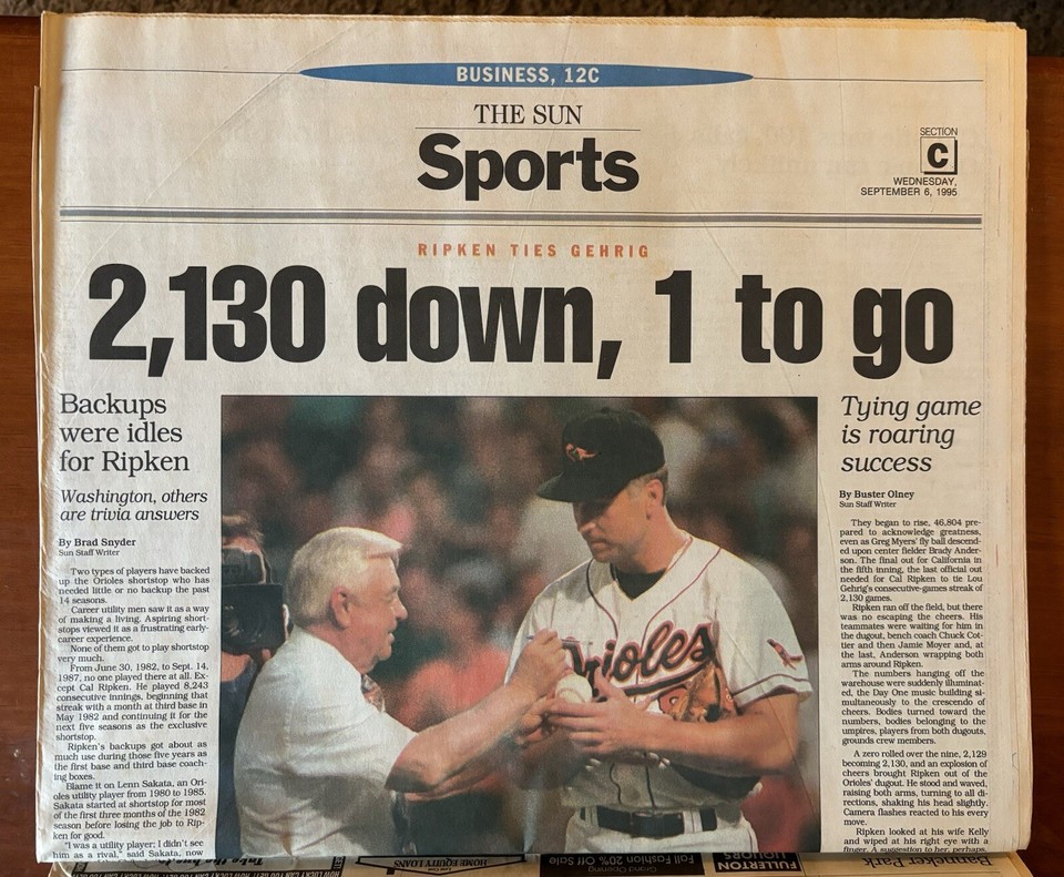 Cal Ripken Jr.’s 2,131 Newspapers From Sept. 6, 1995, The Sun, The Post ...