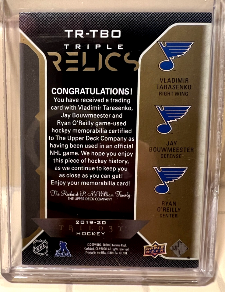 19-20 UD Blues Triple Relic Stick Jersey #'d/25 Tarasenko Bouwmeester O ...