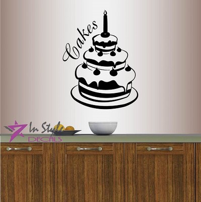 Vinyl Wall Birthday Cake with Candle Pastry Bakery Kitchen Café Art ...