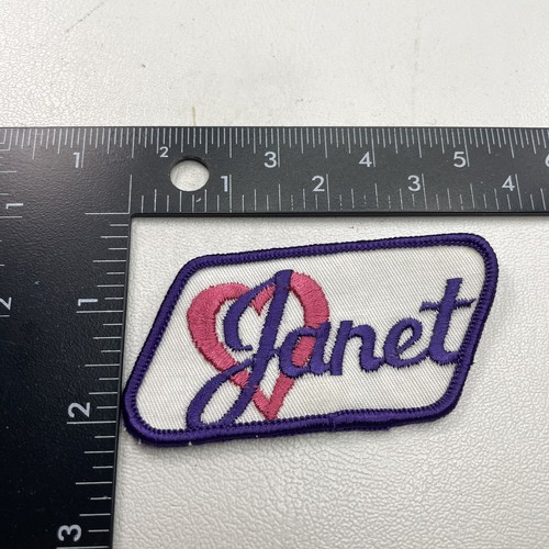 Vintage Retro Fancy Pink Heart Name JANET Patch (Cursive Purple Letter ...