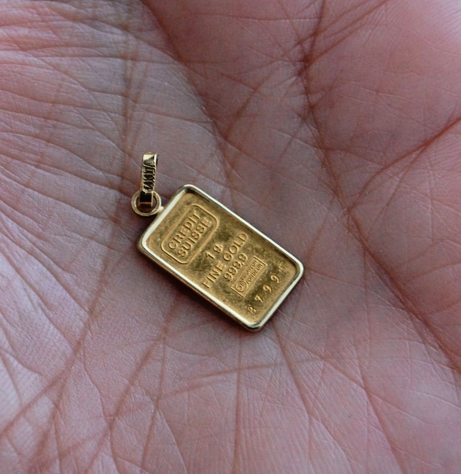 14K & 22K 999.9 Credit Suisse Solid Yellow Gold Pendant Bar Bezel Frame ...