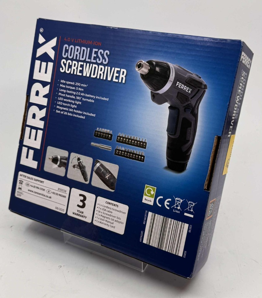 Ferrex Cordless Screwdriver 4.0 V Lithium-Ion Led Light Pivot Handle 26 ...