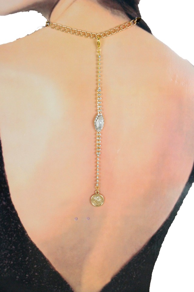 Women Fashion Open Back Necklace Gold Metal Chain Links Bling Coin ...