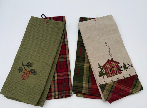 New Rustic Cabin Dish Towels Set of 4 Pine Lodge Embroidered Plaid ...