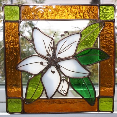 Vintage 7" Square Stained Glass Flower Window Pane | eBay