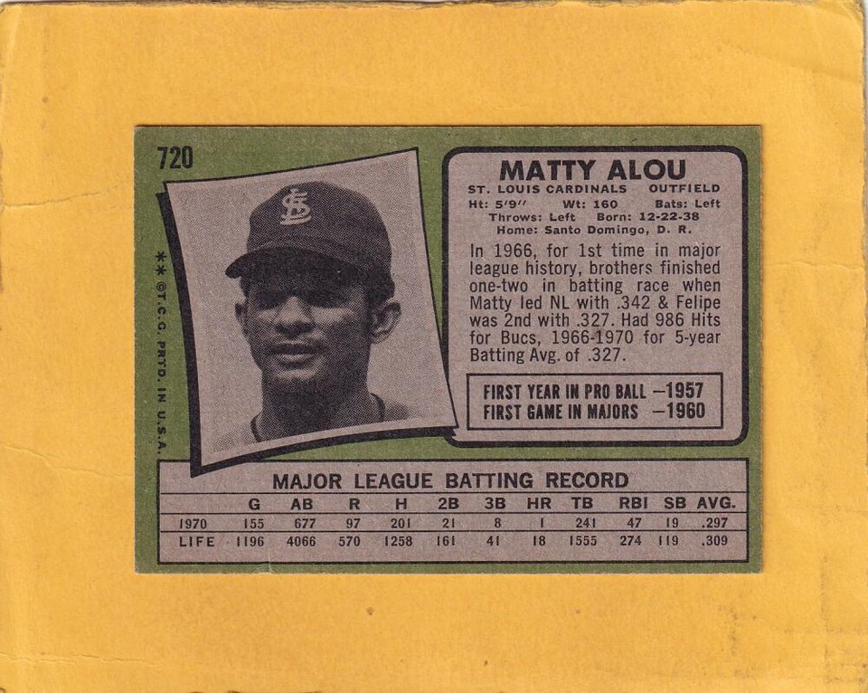 1971 Topps #720 Matty Alou St. Louis Cardinals EX Excellent #26394 | eBay