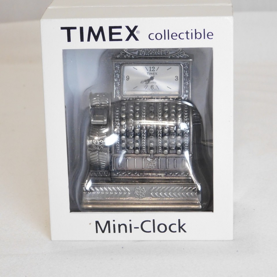 Timex Collectible Mini Clock Metal Silver Tone NCR Cash Register 3" x 2 ...