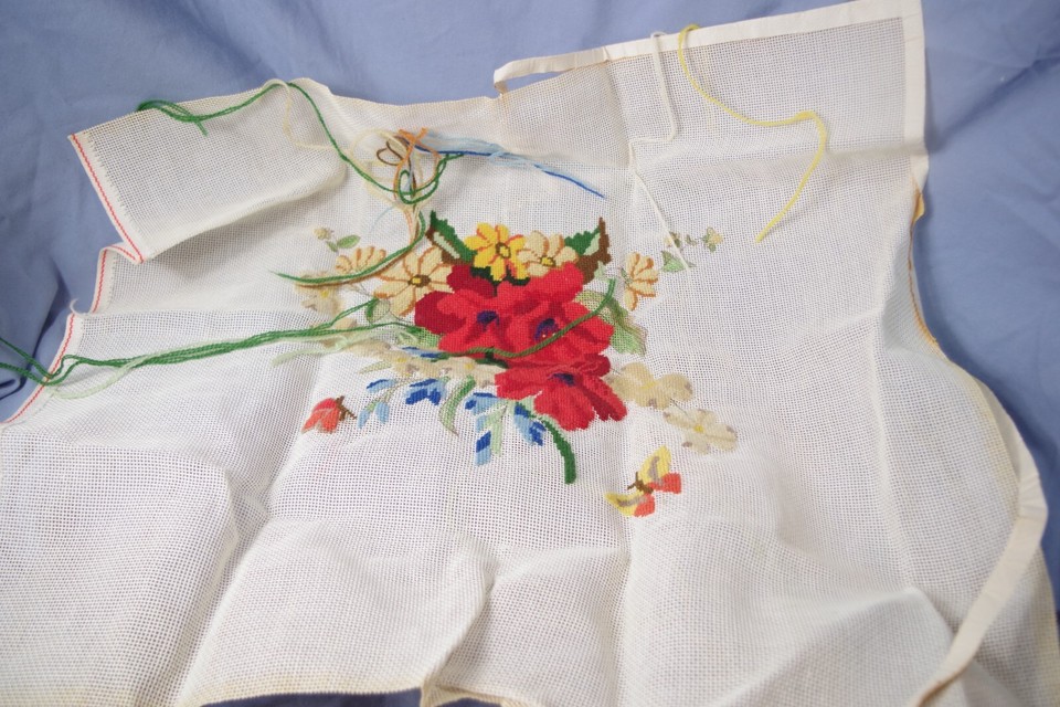 Vintage Large Needlepoint Partially Completed Canvas Poppies(?) Floral ...