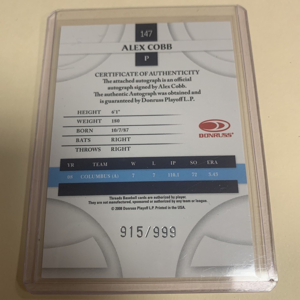 2008 Donruss Threads Alex Cobb /999 Rookie auto RC Autograph Rays ...