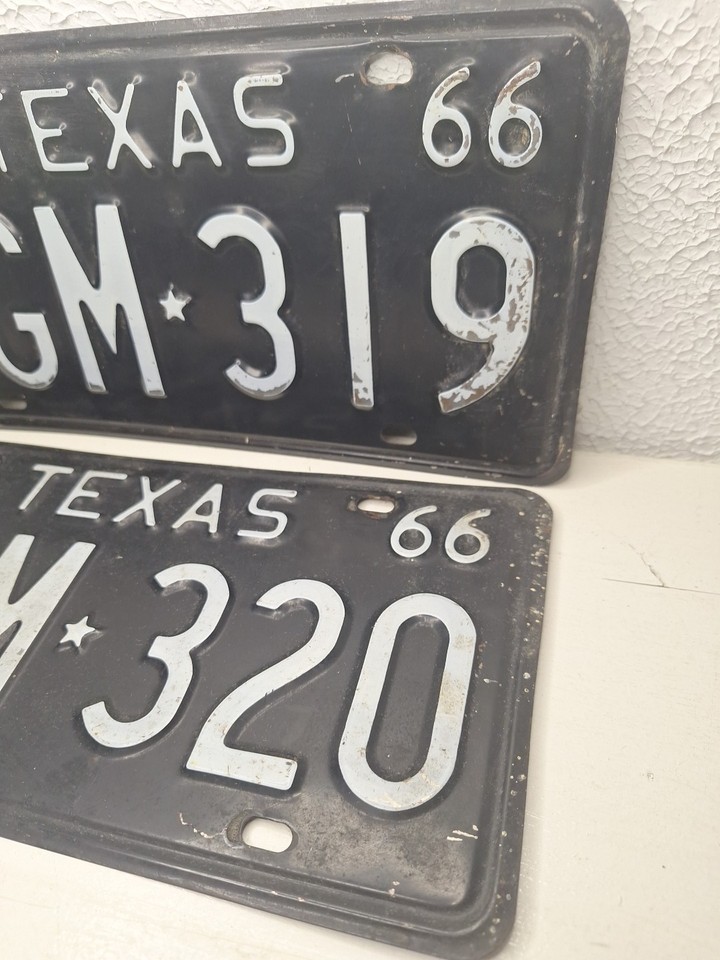 Vintage Pair Black 1966 Texas License Sequence Plates Fun Retro Auto ...