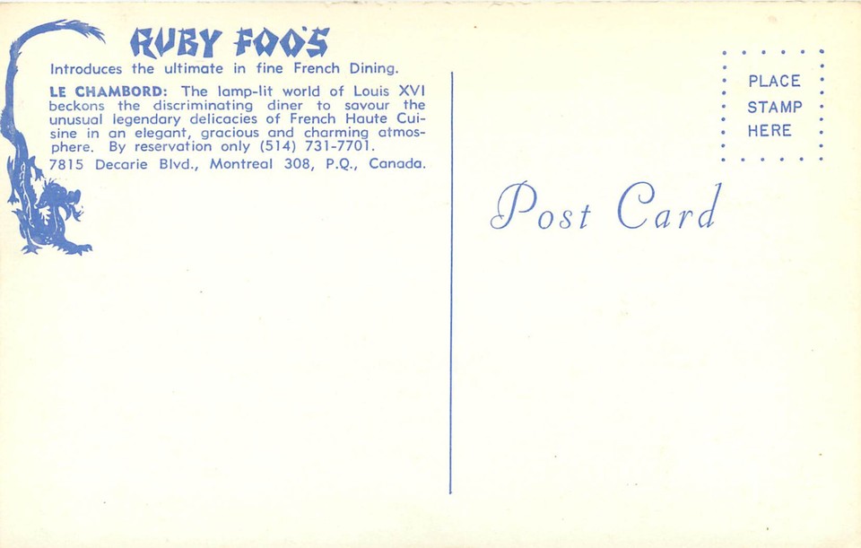 Postcard Interior View Ruby Foo's French & Chinese Restaurant Montreal ...