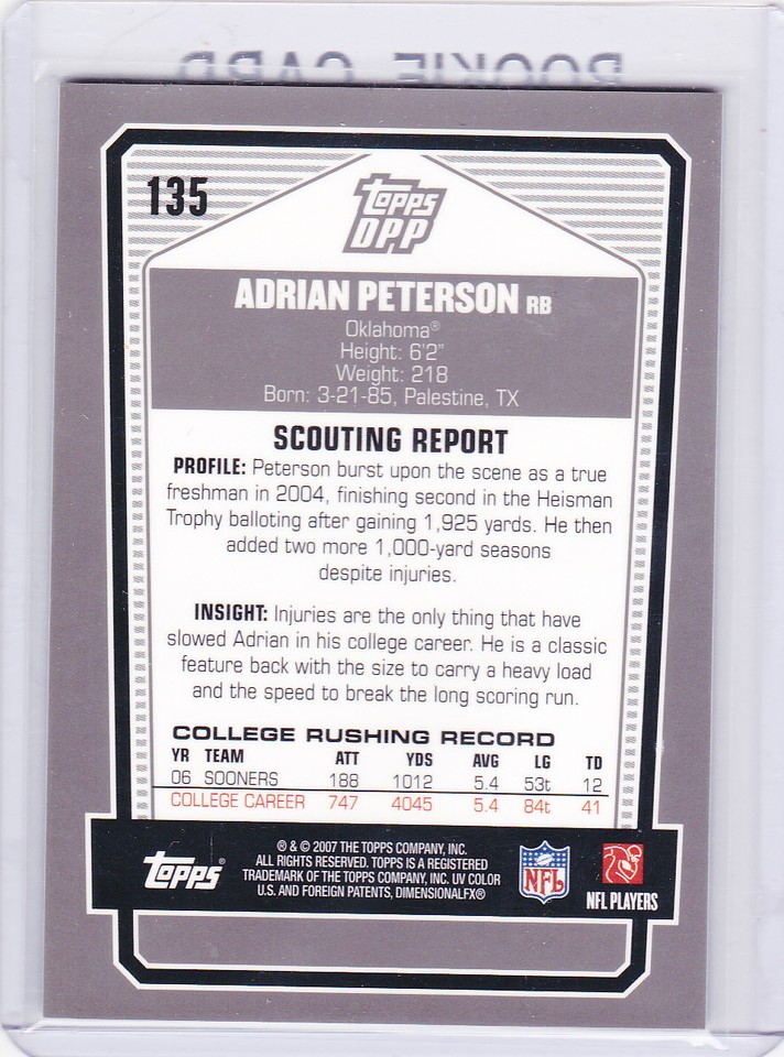 ADRIAN PETERSON ROOKIE CARD 2007 Topps DPP Washington REDSKINS NFL ...