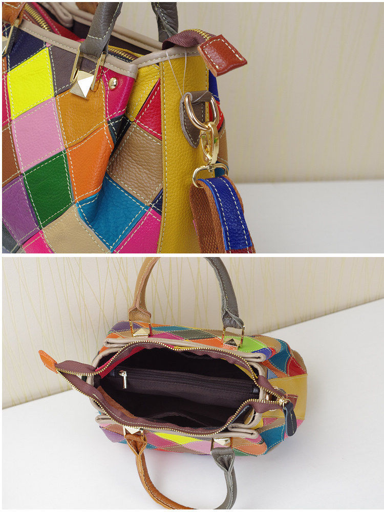 Multi-Color Genuine Leather Patchwork Women Satchel Handbag Tote ...