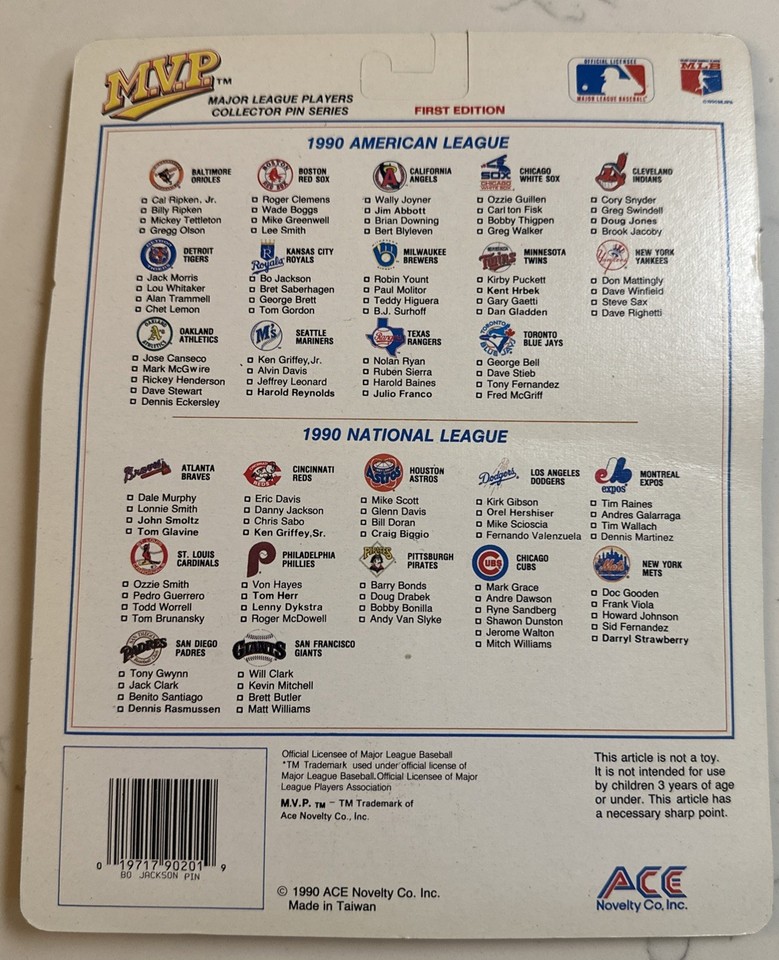 1990 Ace Novelty MVP Baseball Pin Score Card KC Royals Bo Jackson ...