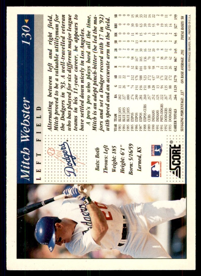 1994 Score Mitch Webster A Baseball Cards #130 | eBay