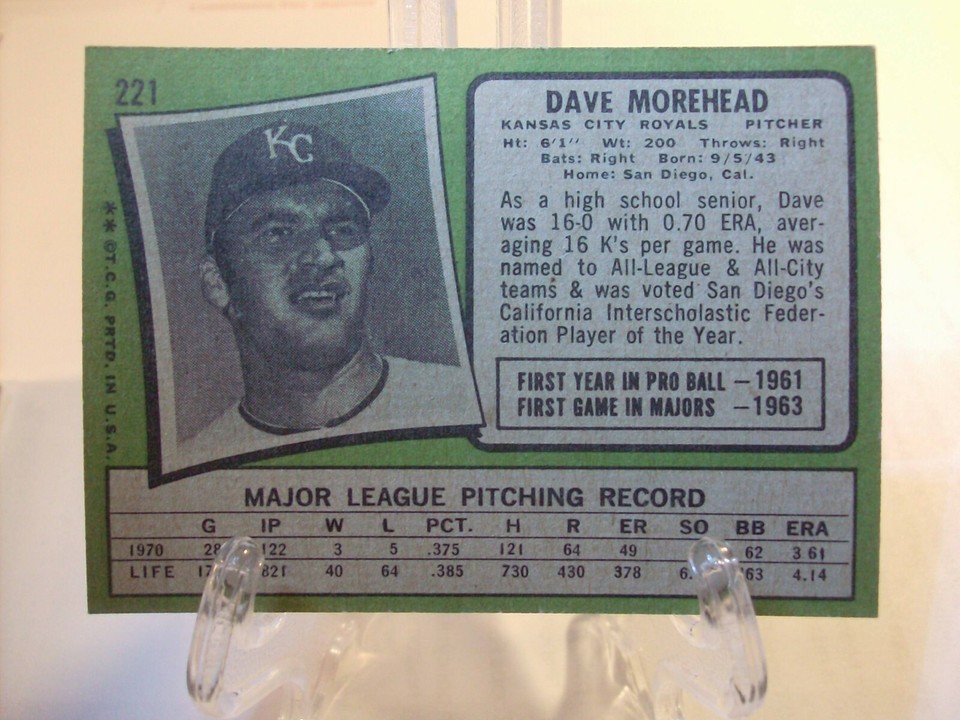 1971 Topps Baseball Card #221 Dave Morehead (85179) | eBay
