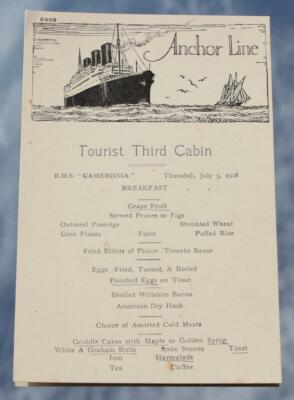 ANCHOR LINE RMS CAMERONIA 3RD CL MENU 05/07/28 ORIGINAL OCEAN LINER ...
