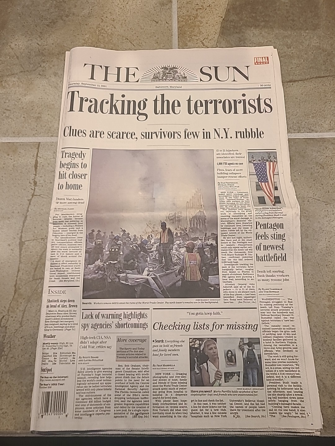 Baltimore Sun Newspaper Sept 13 2001 9/11 Attacks Day After Complete ...