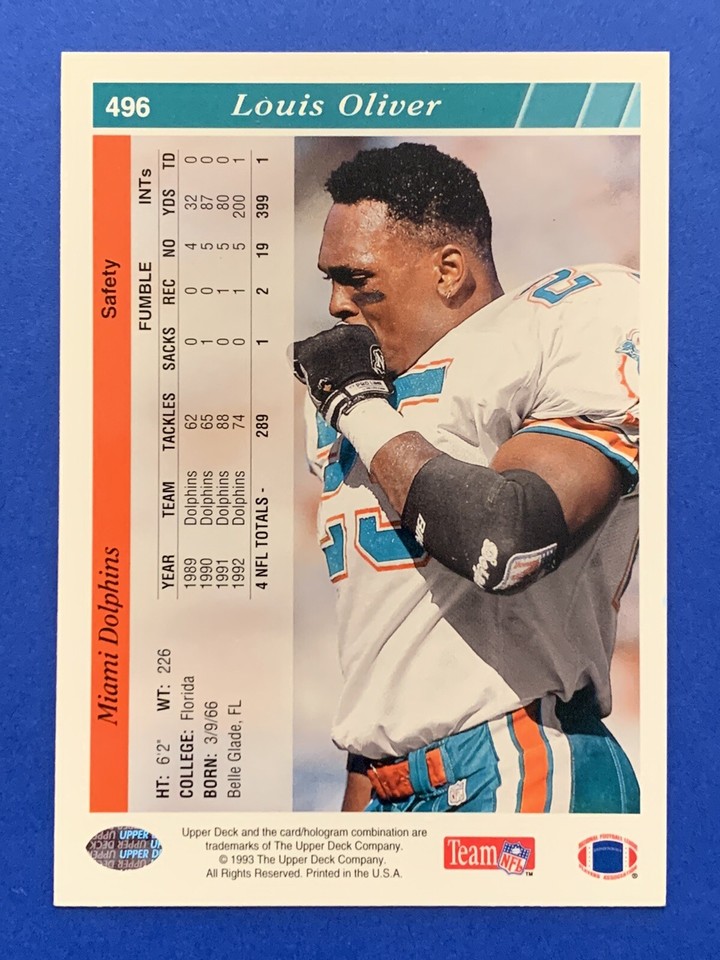 LOUIS OLIVER Signed 1993 UD #496 Miami Dolphins Florida Gators HOF ...