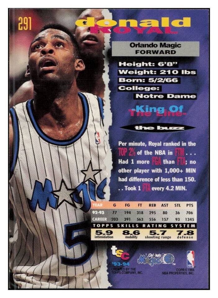E659 DONALD ROYAL 1993-94 TOPPS STADIUM CLUB 1ST DAY ISSUE #291 MAGIC ...