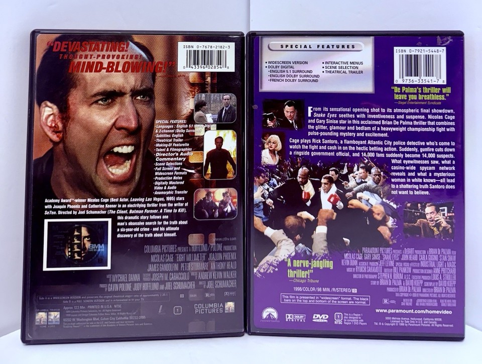 Nicolas Cage DVD Bundle Lot Of 9 Movies Snake Eyes, Honeymoon In Vegas ...