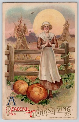 Thanksgiving Schmucker Harvest Moon Pilgrim Pretty Lady WINSCH Postcard ...