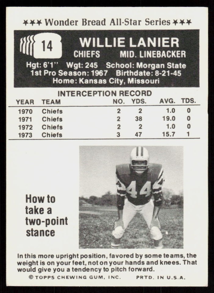 1974 WONDER BREAD Bread Willie Lanier #14 FOOTBALL Kansas City Chiefs ...