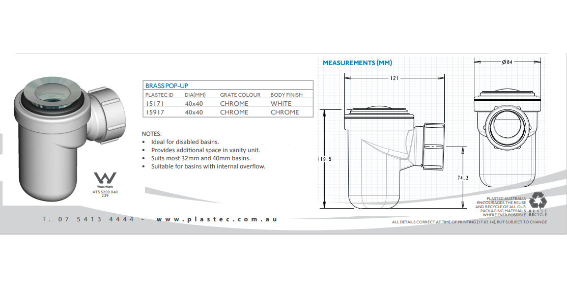 PLASTEC MICRO TRAP 40MM 15171 WITH POP UP WASTE | eBay Australia