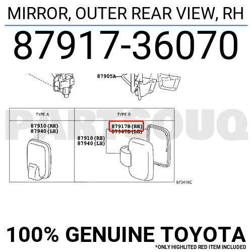 8791736070 Genuine Toyota MIRROR, OUTER REAR VIEW, RH 87917-36070 | eBay