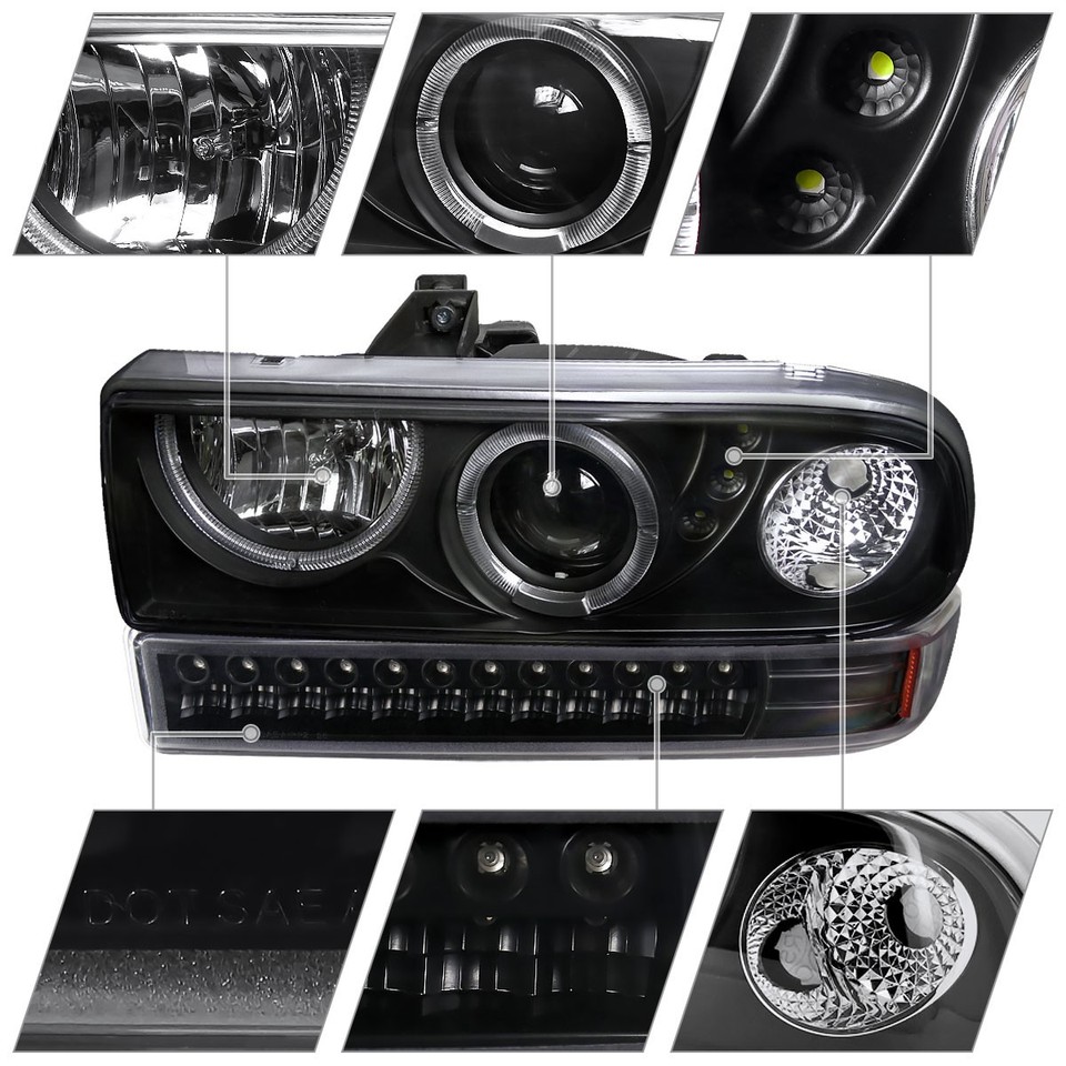 Black Projector Headlights+LED Bumper Lamps Fits 1998-2004 Chevy S10 ...