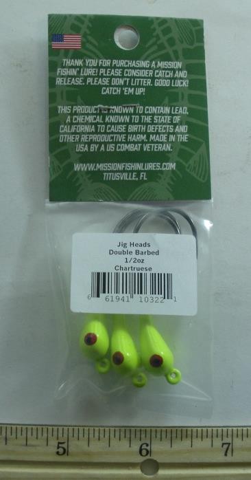 Mission Fishin 10322 Double Barbed Jig Head 1/2 oz 4/0 Hook Chartreuse ...