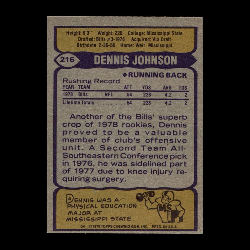 Dennis Johnson 1979 Topps Rookie Buffalo Bills #216 R310E 5 | eBay