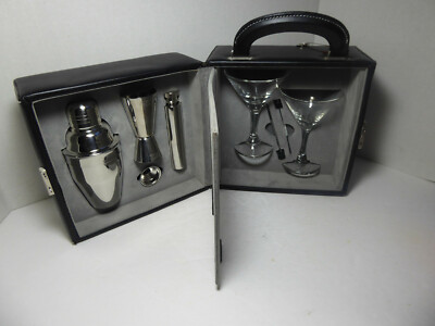 Traveling Cocktail / Martini 8 Piece Set in Black Leather Case with ...