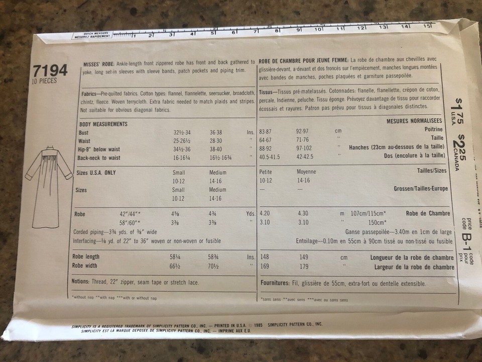 🌸 SIMPLICITY #7194 - LADIES ANKLE LENGTH - FRONT ZIPPER ROBE PATTERN 14 ...