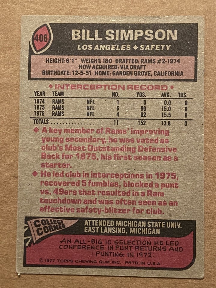 BILL SIMPSON Signed 1977 Topps #406 Rams Michigan State Spartans ...