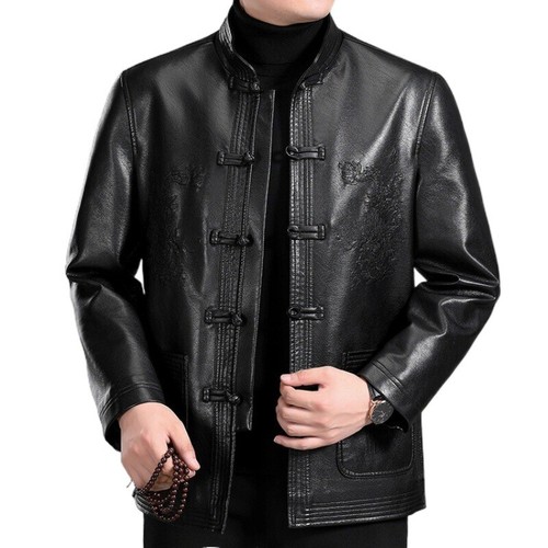 Leather Jacket Men Button Tang Suit Embroidered Chinese Style Loose ...