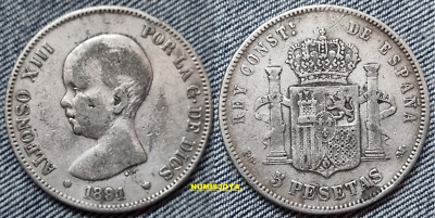 Alfonso XIII year 1891. ERA MINT 5 pesetas CALAMINE. CIRCLE AS GOOD ...